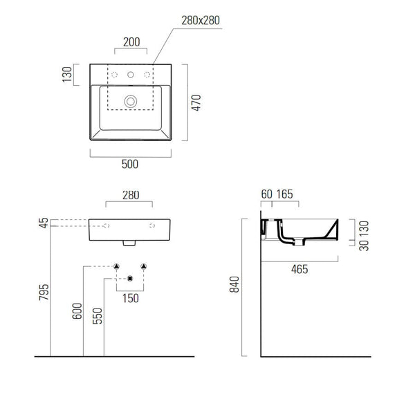 Kube 50x47 Basin | White Ceramic Basin | Wall Hung & Bench Mounted ...